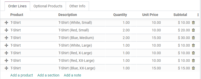 Use product variants on quotations and sales orders — Odoo 16.0 documentation